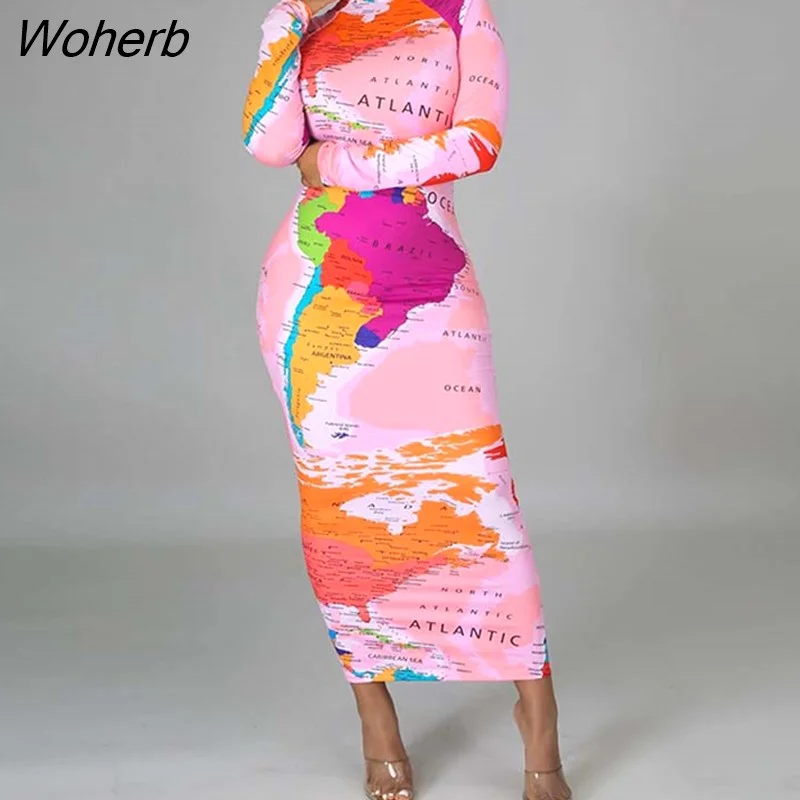 Woherb Women World Map Printed Slim Maxi Dress Elegant Long Sleeve ...