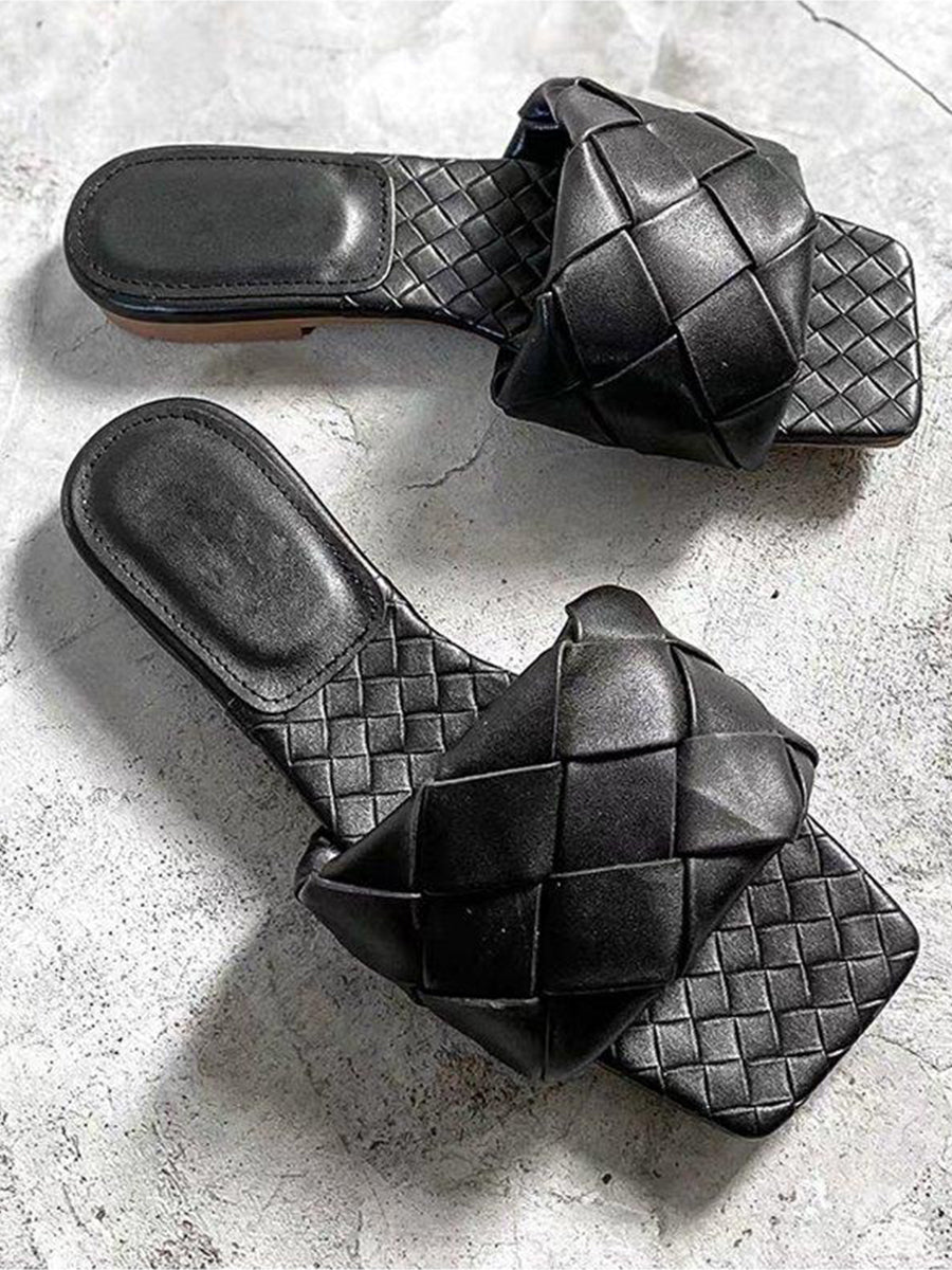 Weave Leather Women Open Toe Slides