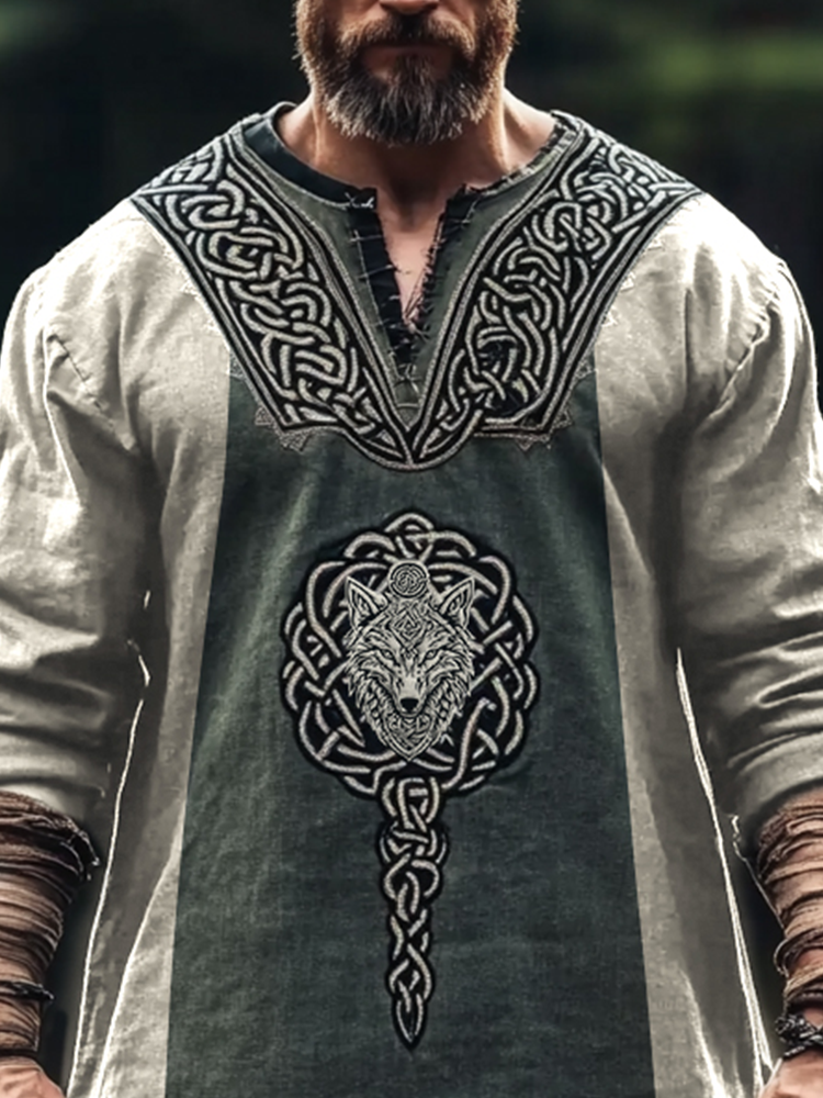 Men's Viking Wolf Celtic Knot Art Linen Long Sleeve T-shirt 28.99 menweary