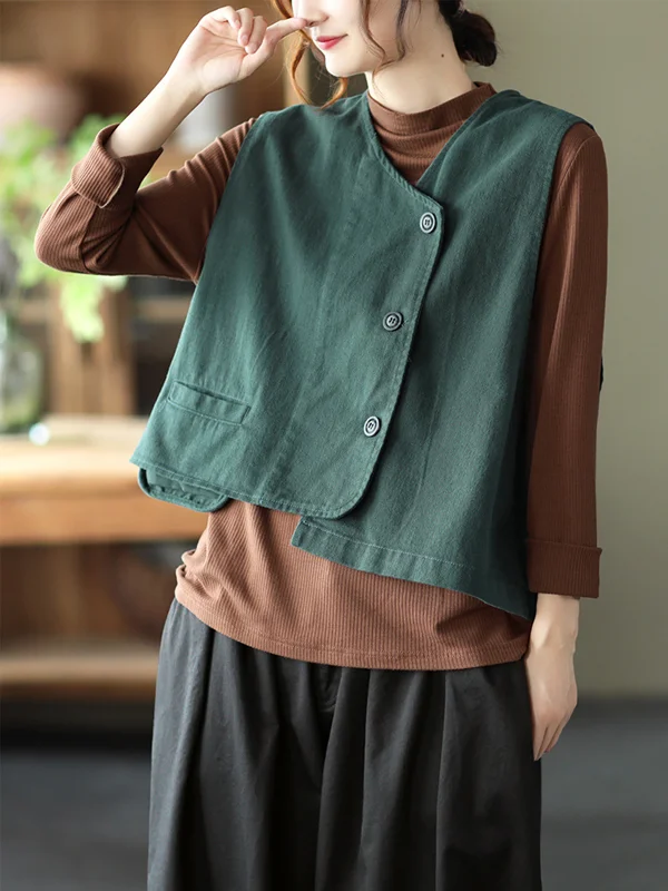 Vintage Asymmetric Buttoned Solid Color Vest Top