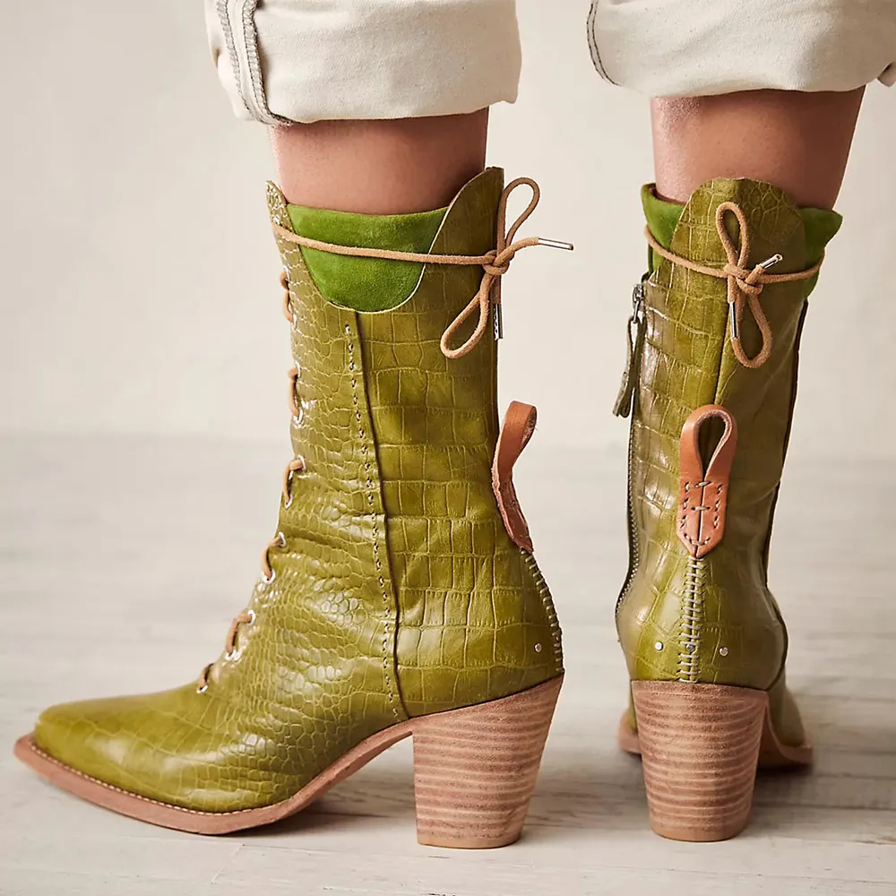 Square Toe Croc Embossed Stacked Heel Tie-Up Ankle Boots in Olive