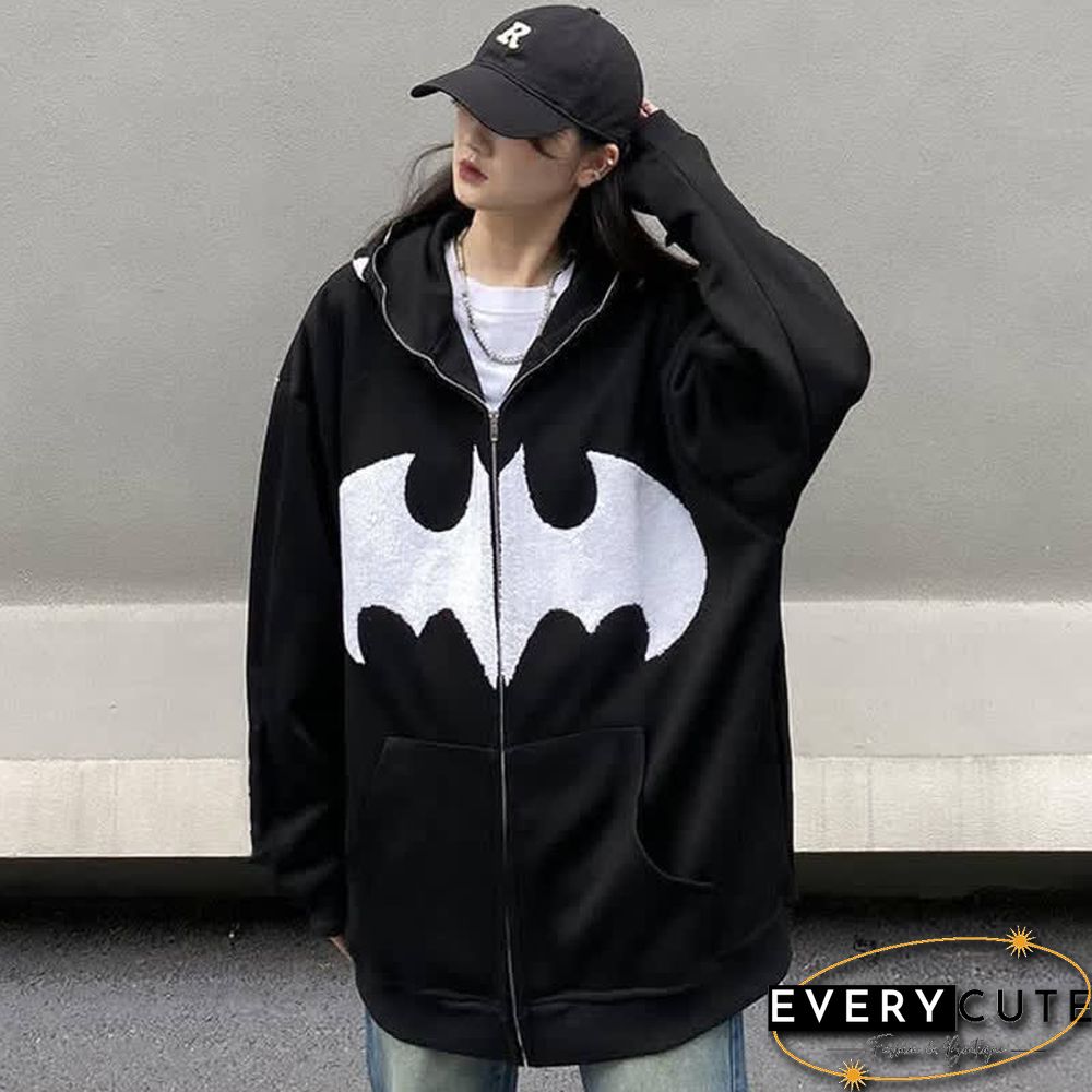 Little Devil Bat Embroidery Zipper Hooded Sweatshirt