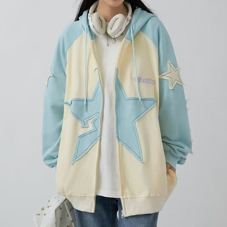 Y2K CONTRAST STAR PATCH ZIP UP HOODIE