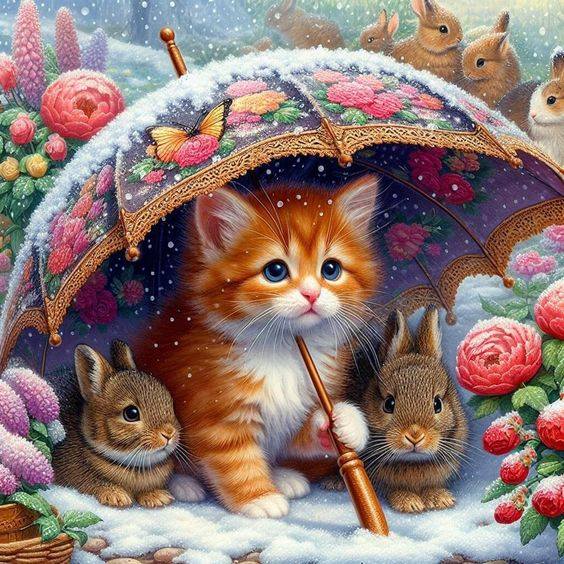 Cat and Rabbit Under Umbrella (velvet cloth) AB drill full round/square ...