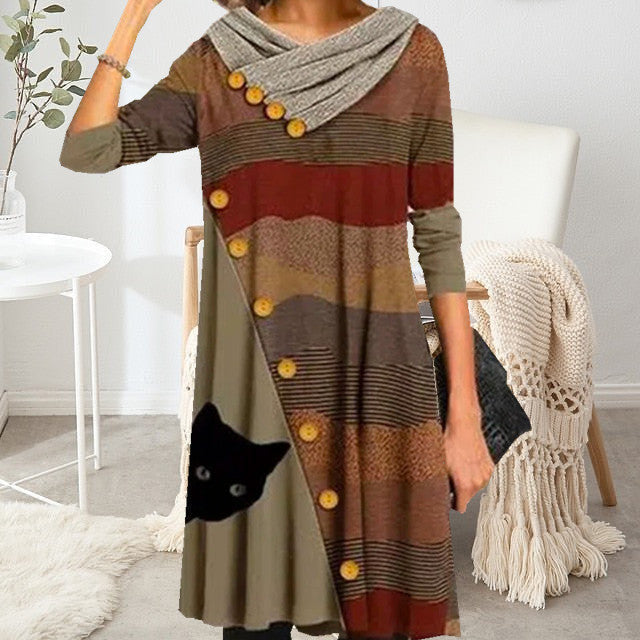 Cat Print Patchwork Dress - Ladylim