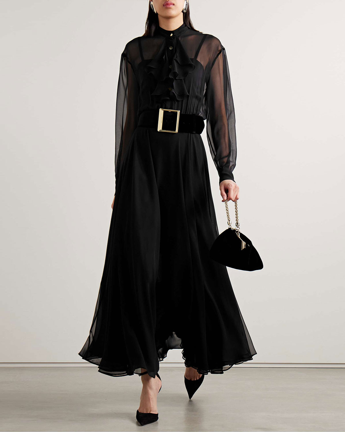 Belted Velvet-Trimmed Ruffled Chiffon Maxi Dress