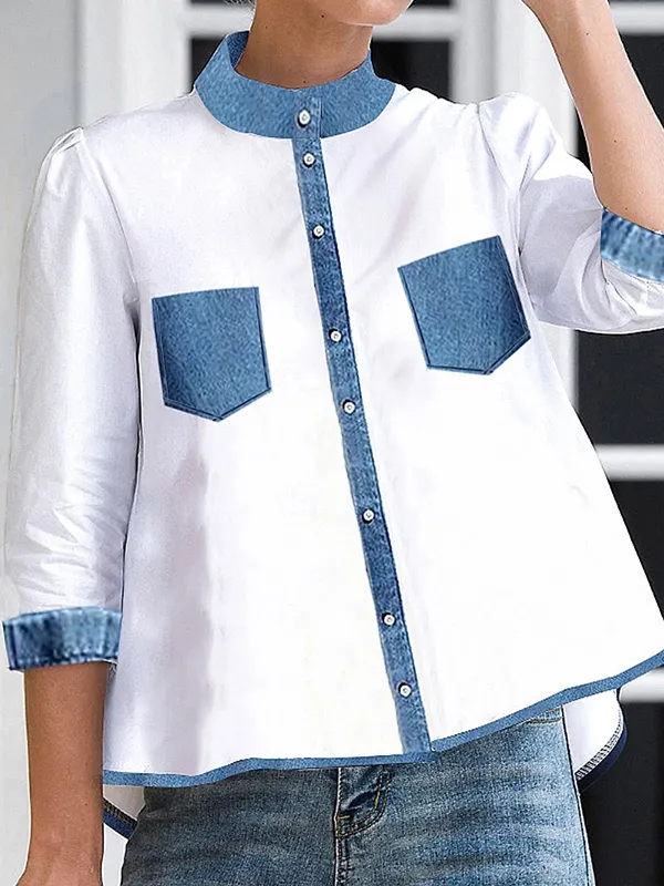 Elegant A-Line High-Low Buttoned Pockets Mock Neck Blouses & Shirts Tops