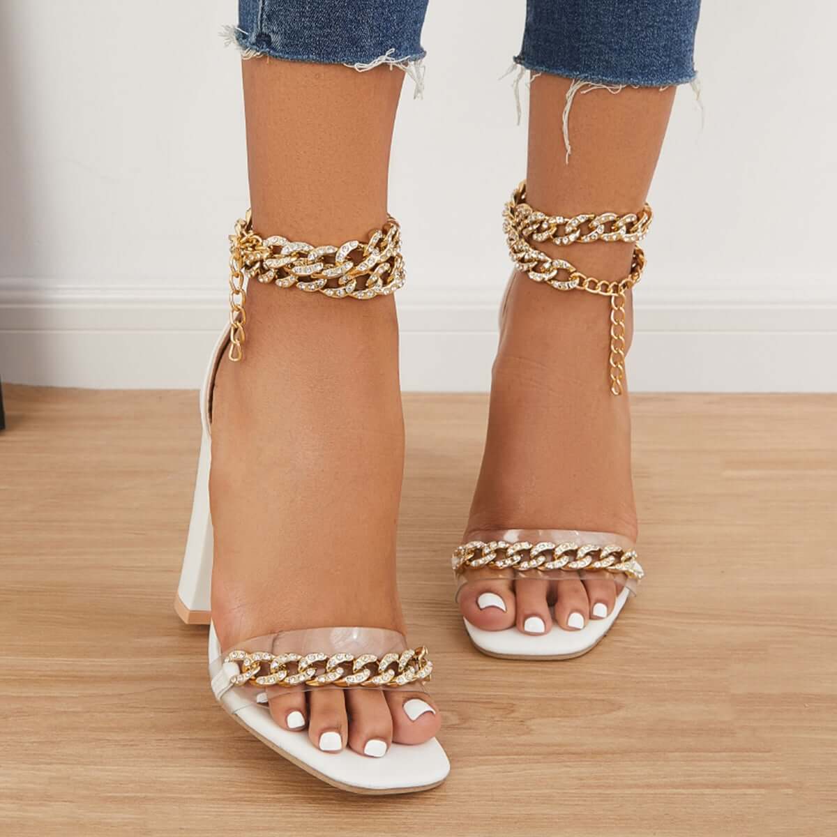 Chunky Block High Heels Double Rhinestone Ankle Chain Strap Sandals