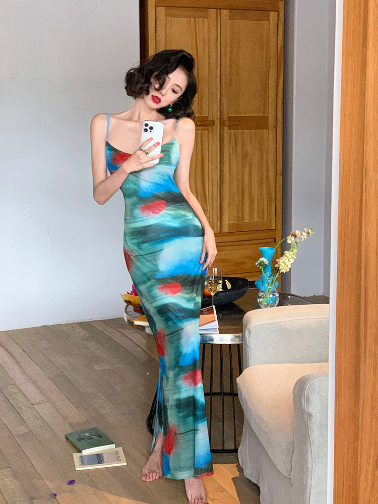 Vintage Slimming Oil Painting Maxi Dress