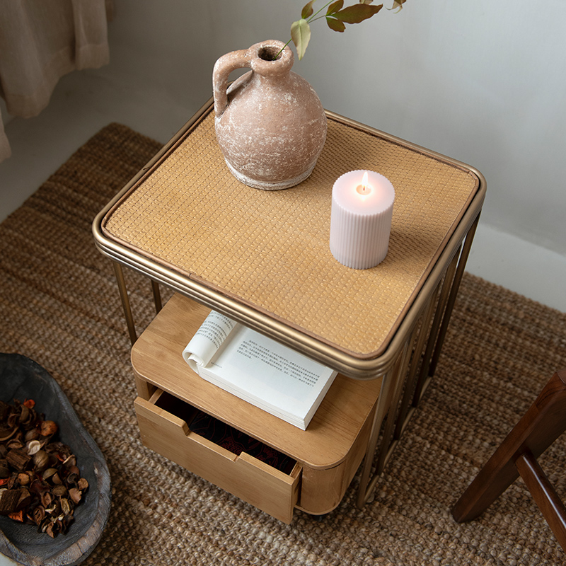 Japanese-style rattan bedside storage locker with wheels