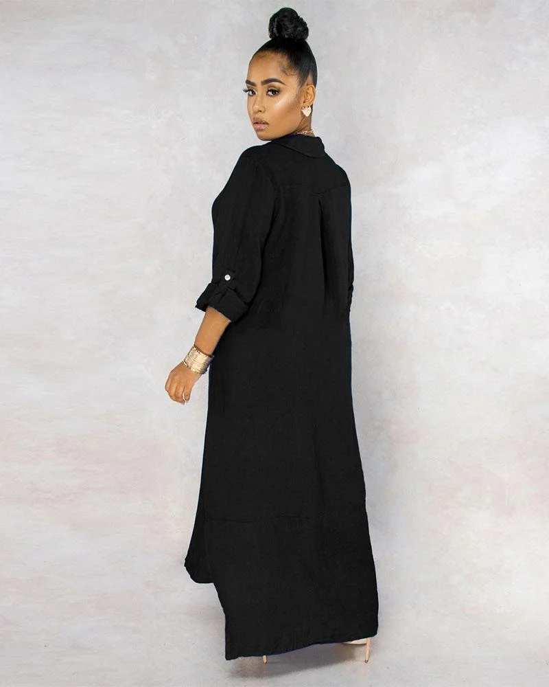 Solid Color Buttons Down Side Slit Shirts Maxi Dresses