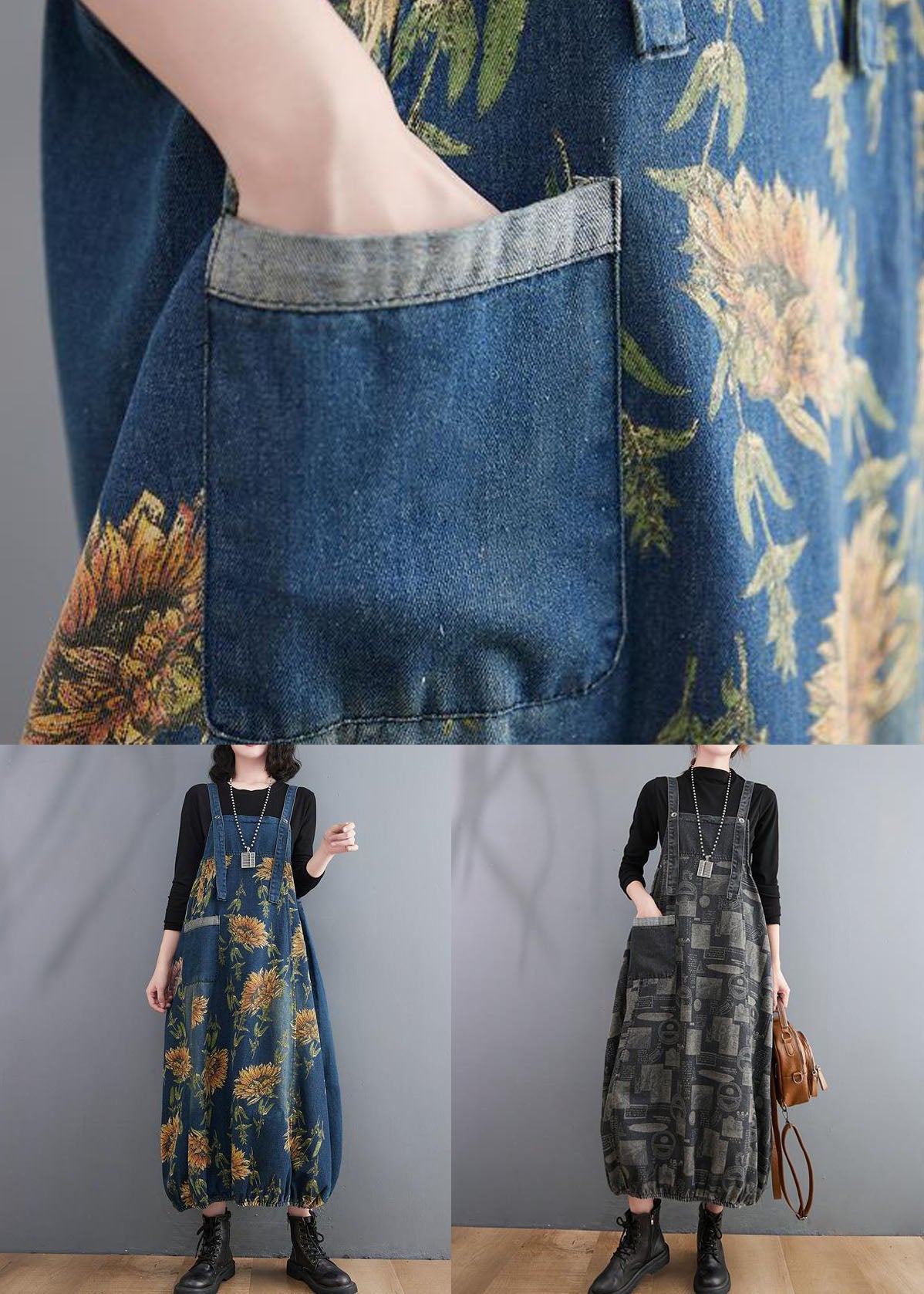 Black Print Patchwork Denim Spaghetti Strap Dress Spring - MissTip