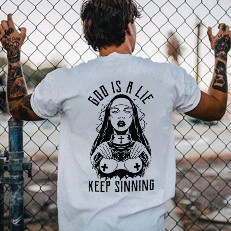 MOTOSUNNY GOD IS A LIE KEEP SINNING Nun Graphic White Print T-shirt