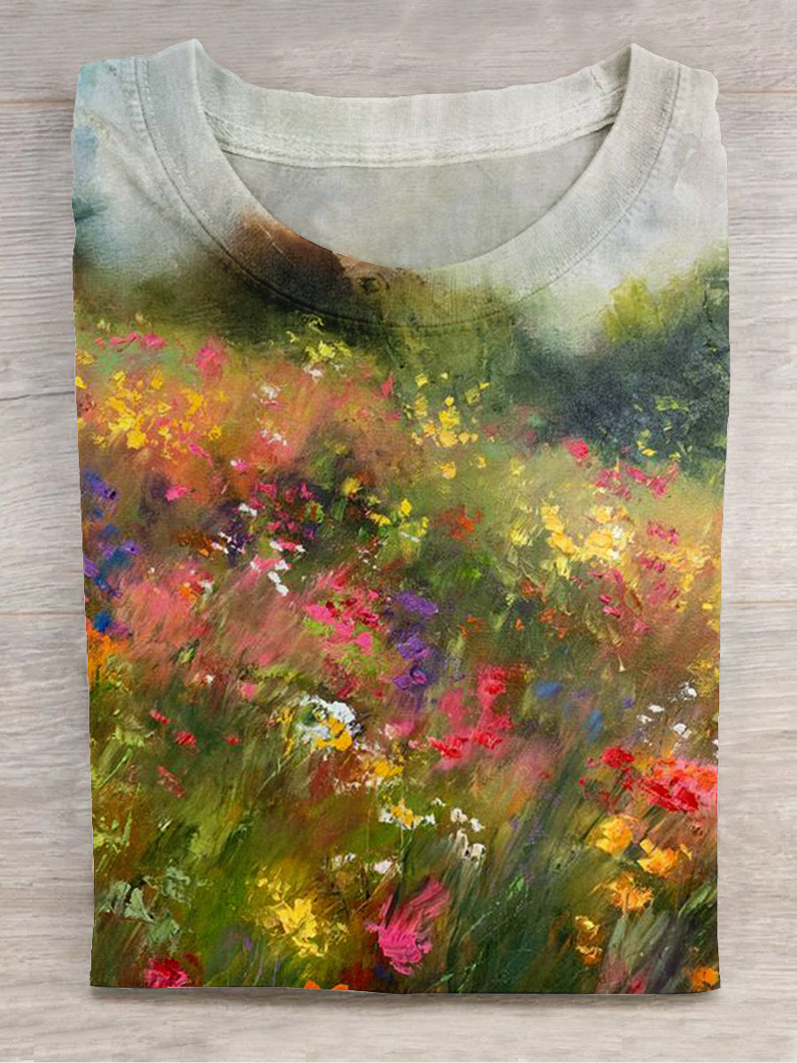 Unisex Floral Landscape Print Casual Round Neck Short Sleeve T-Shirt