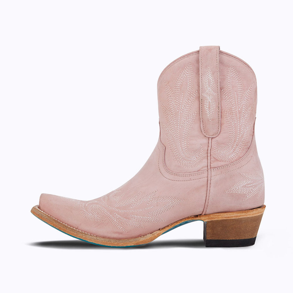 Pink Pull Tab Snip Toe Chunky Heel Embroidered Cowgirl Boots