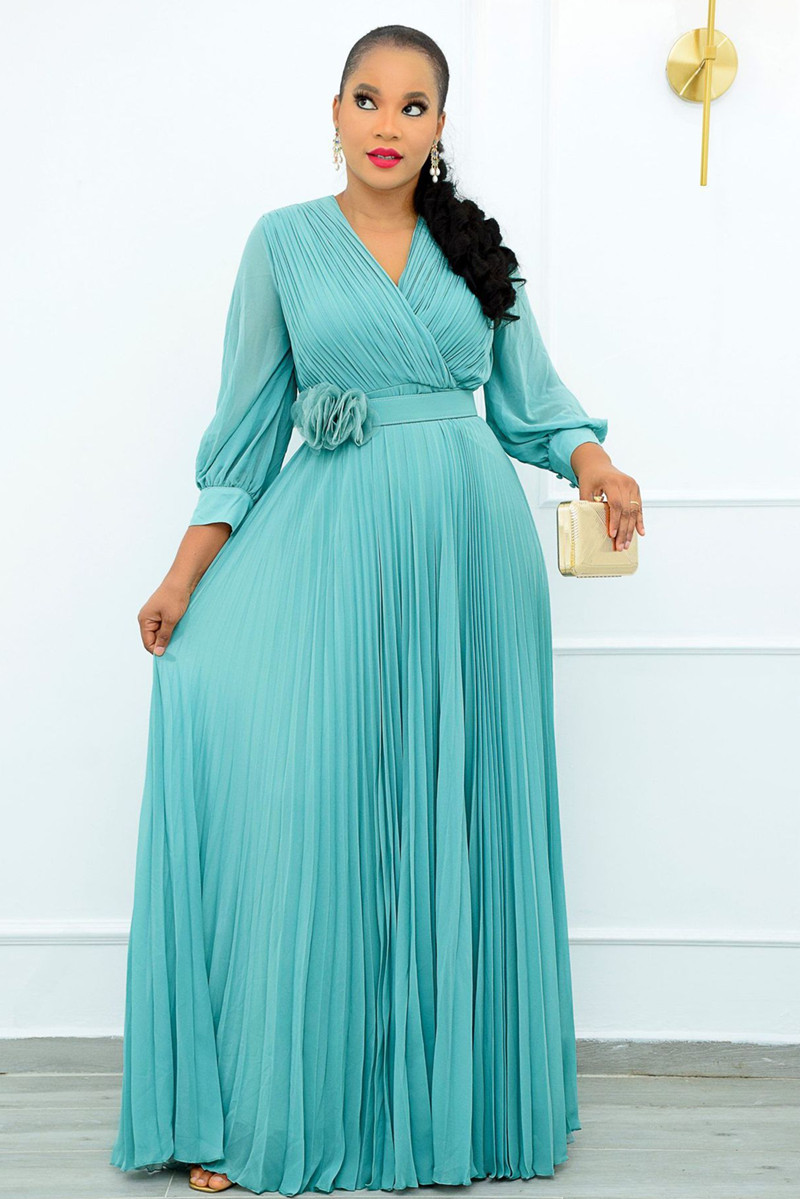 Plus Size High Waist Long Sleeve Pleated Maxi Dress With Belt
