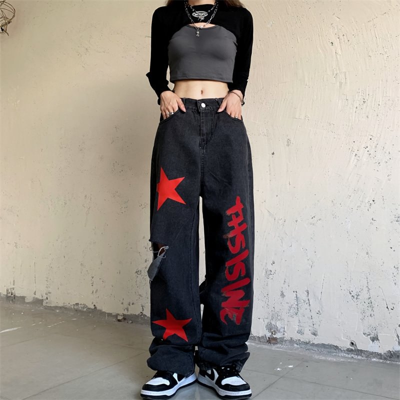 VINTAGE STARS PRINT RIPPED STRAIGHT WIDE LEG JEANS