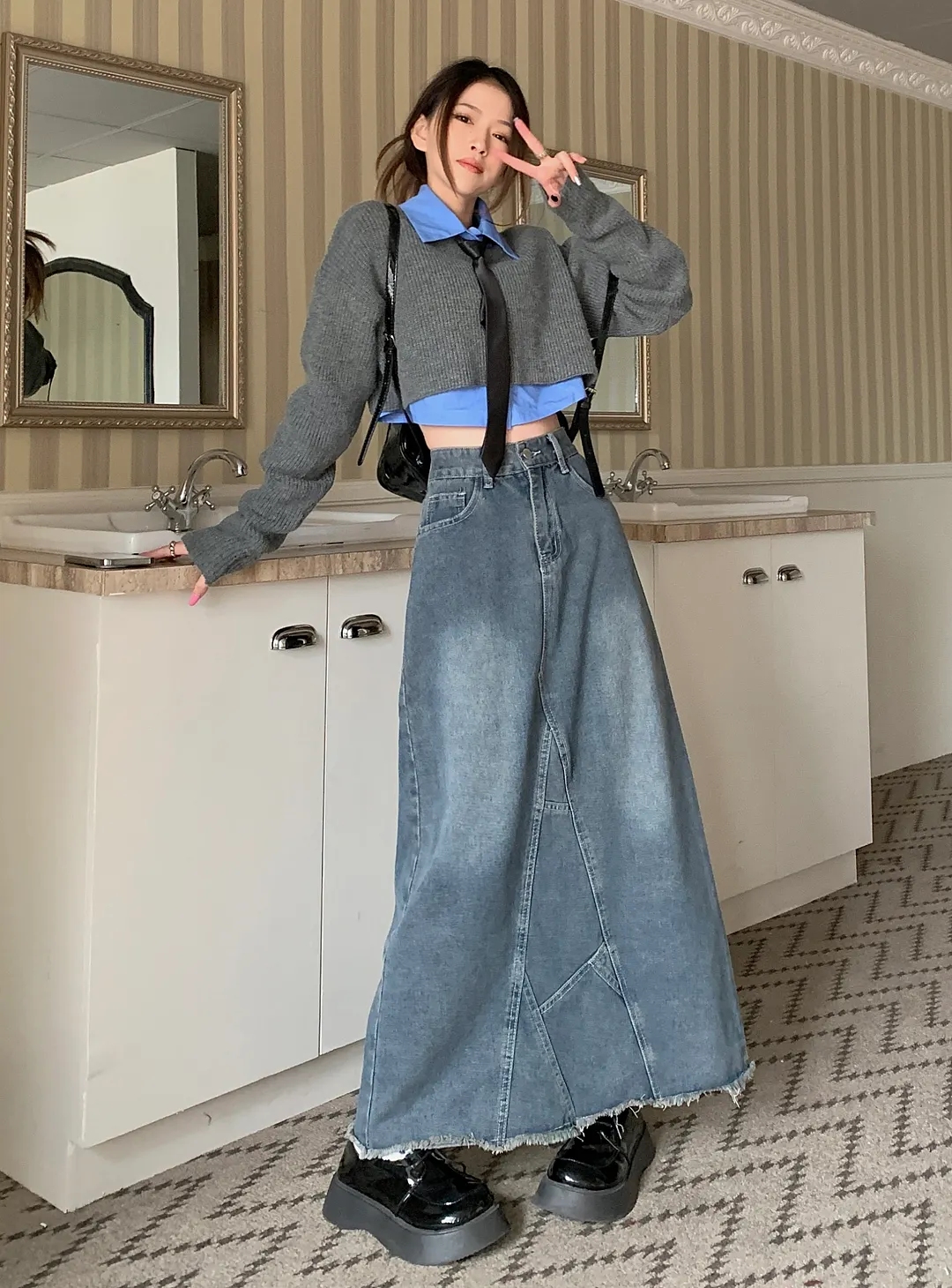 VINTAGE SPLIT DENIM MIDI SKIRT