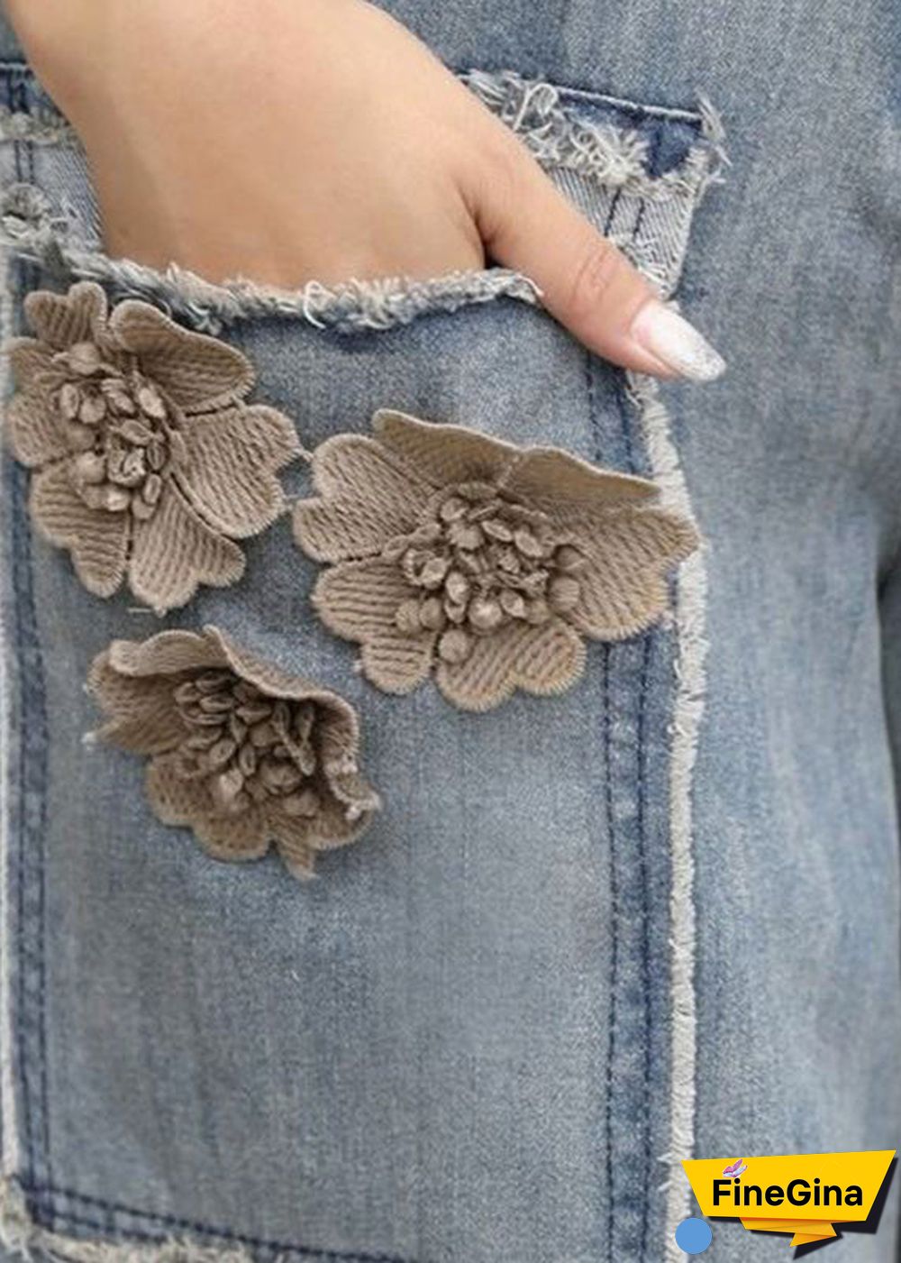 FineGina Chic Blue Floral High Waist Sashes Denim Crop Pants Summer