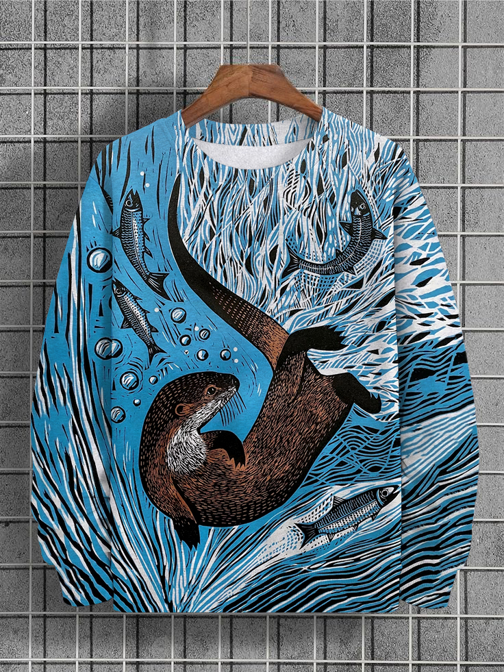Men's Linocut Print Otter Hunting Fish Art Print Sweatshirt
