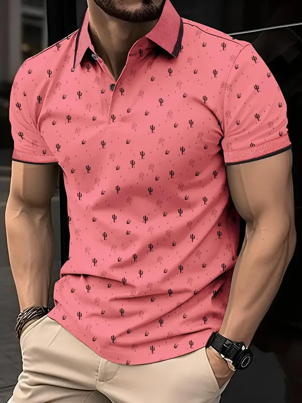 Men's Polo Shirt With Cactus Print Pattern