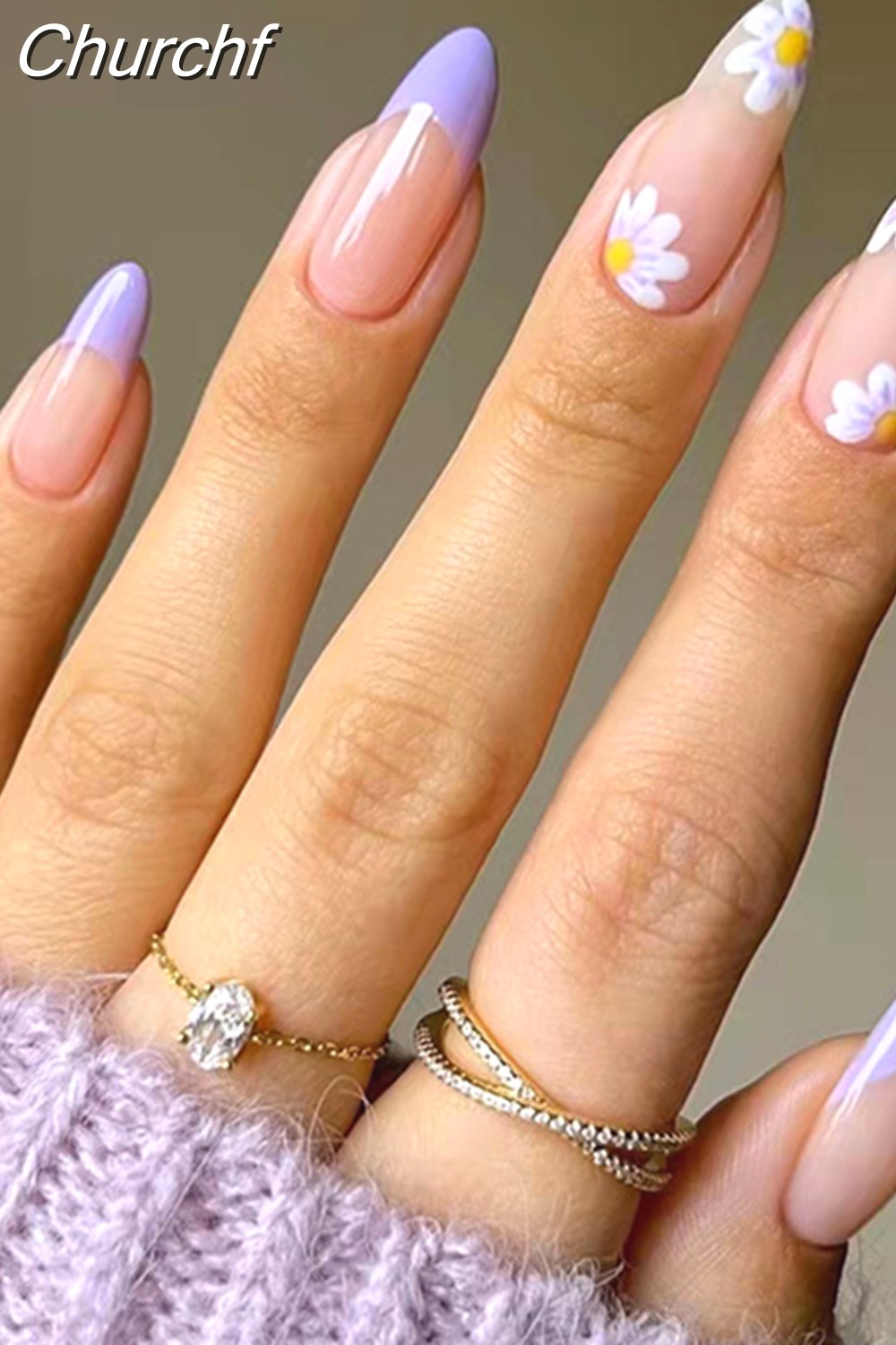 Churchf Purple Fringe False Nail Tips With Designs Almond Fake Nails ...