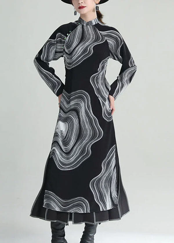 Vintage Black Stand Collar Print Side Open Cheongsam Dresses