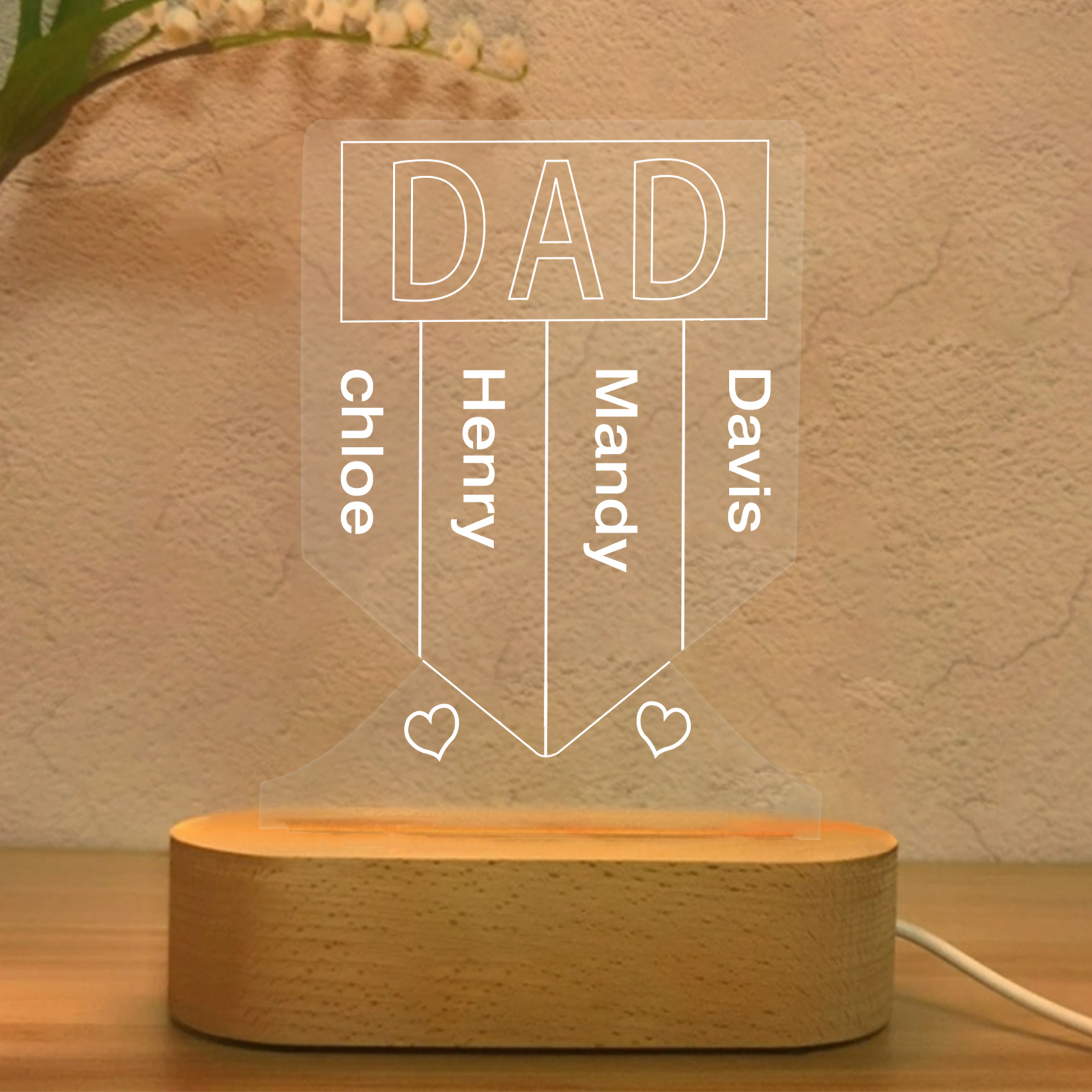 Custom Family Night Light Engrave 4 Names LED Lamp