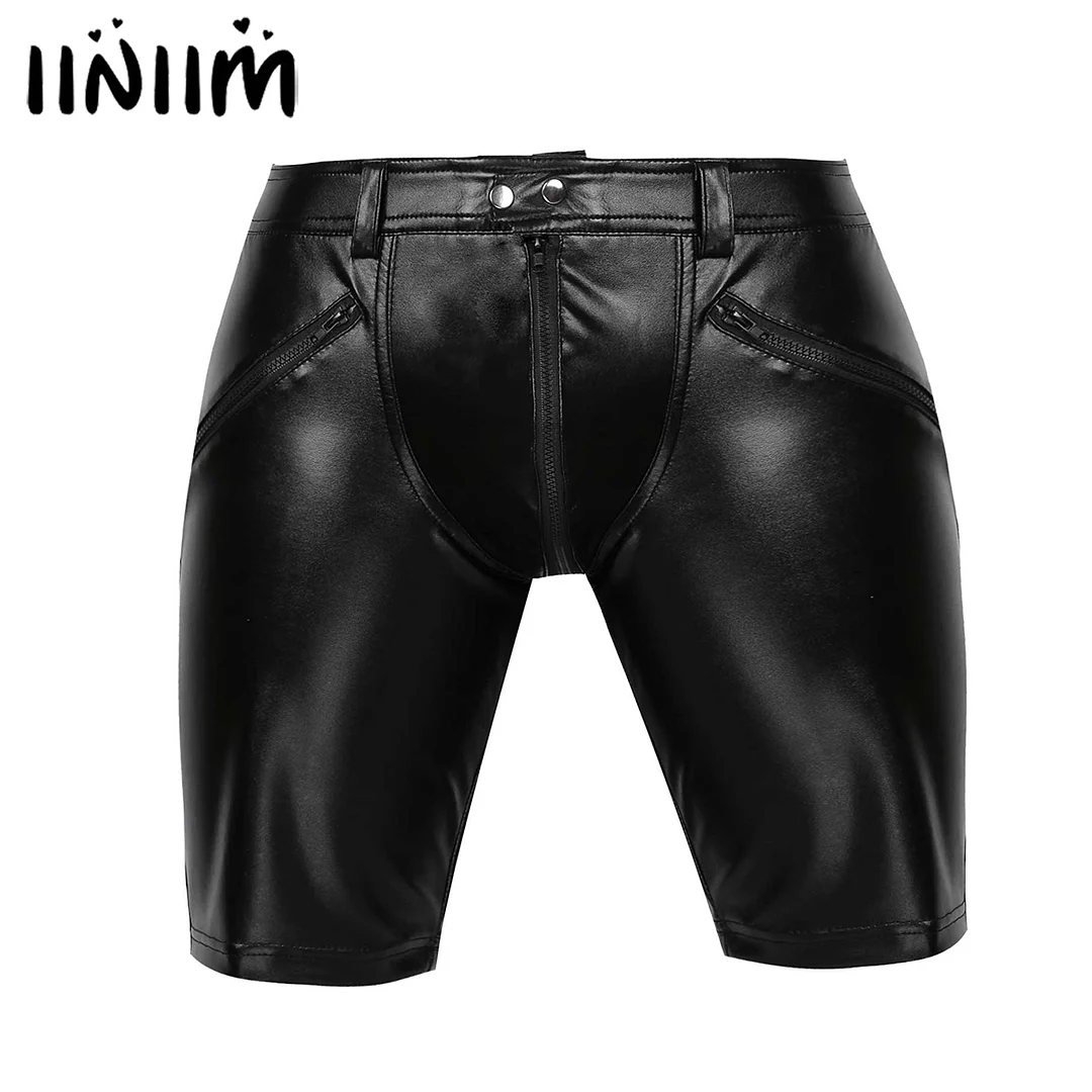 Uaang Mens Sexy Leather Club Moto Shorts Full Zipper Front Button Snap ...