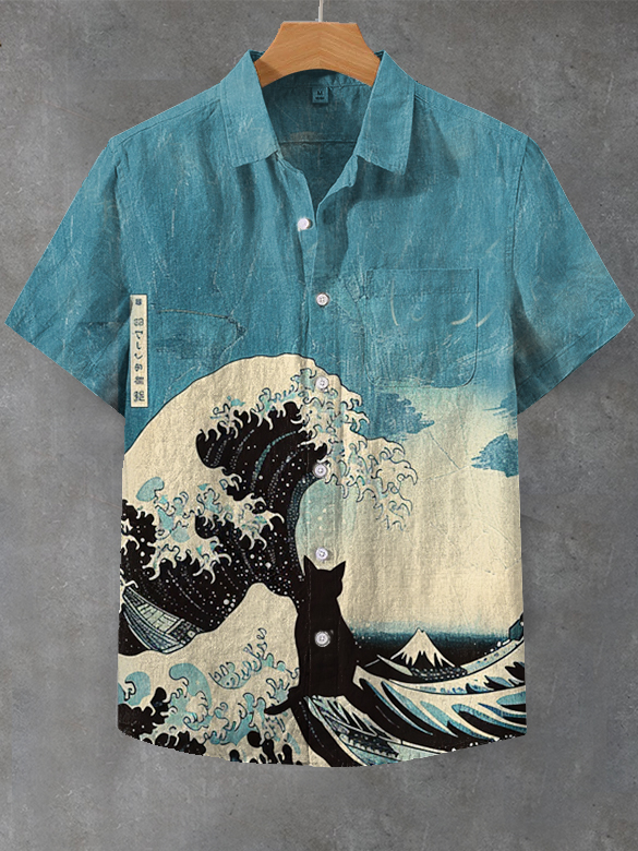 Men's Japanese Black Cat Wave Ukiyo-e Print Linen Blend Shirt