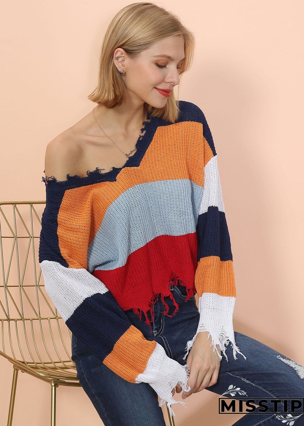 Frayed Hem Color Block Sweater - MissTip