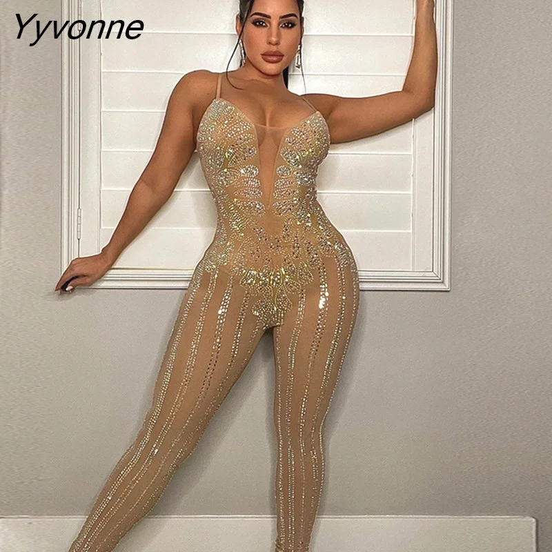 Yyvonne Rhinestones Crystal Overalls Jumpsuits One Piece Pants Sexy Straps Summer Diamonds New ...