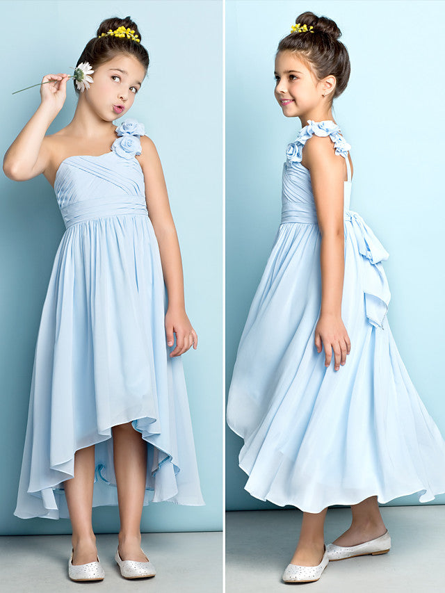 A-Line One Shoulder Asymmetrical Chiffon Junior Bridesmaid Dress With ...