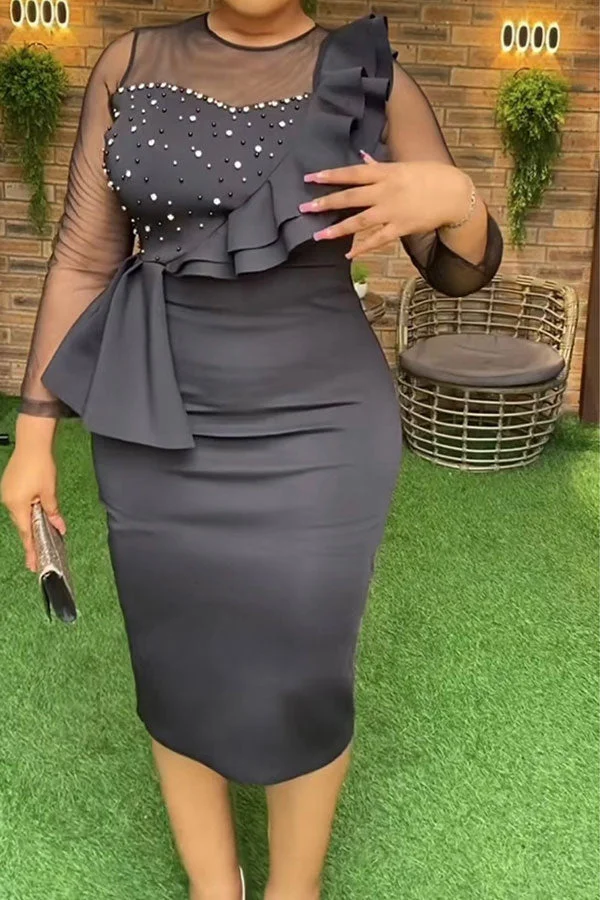 Beaded & Ruffle Decor Sophisticated Midi Dress