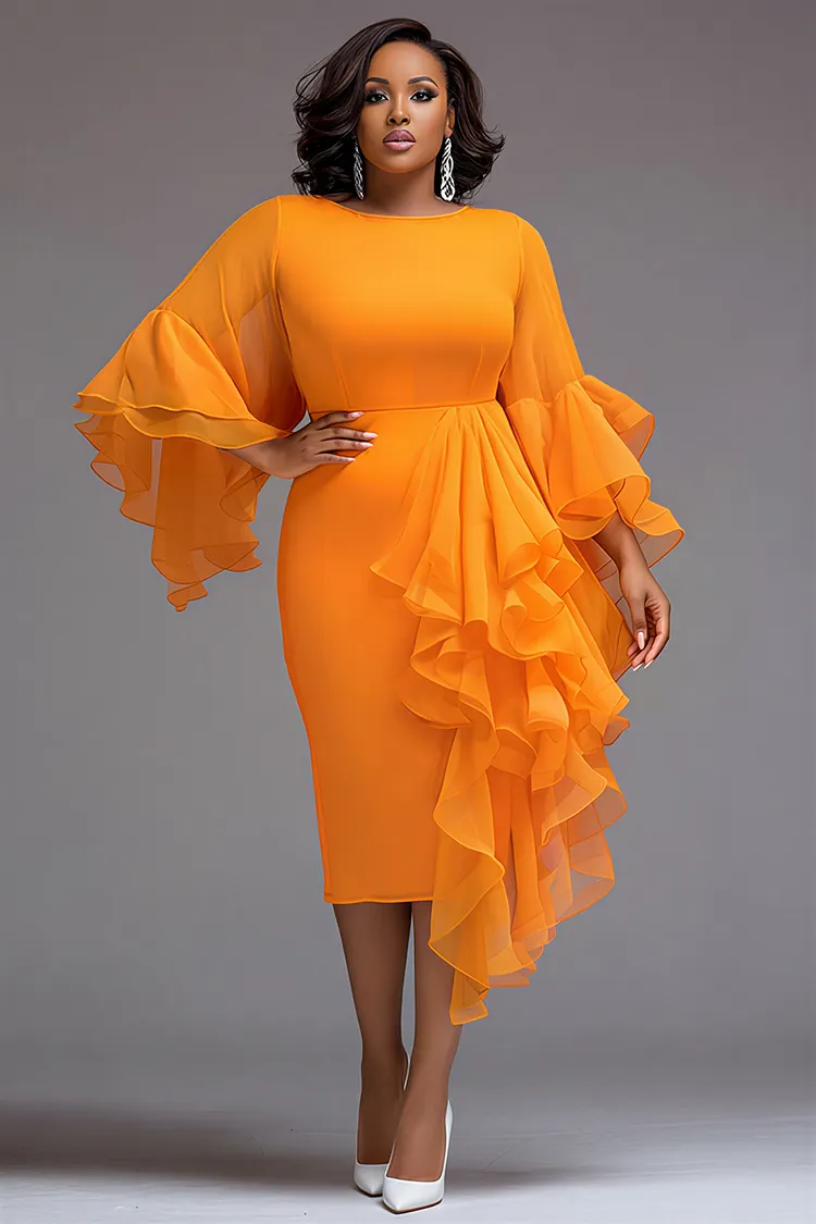 Xpluswear Design Plus Size Cocktail Party Orange Round Neck Flare 3/4 ...