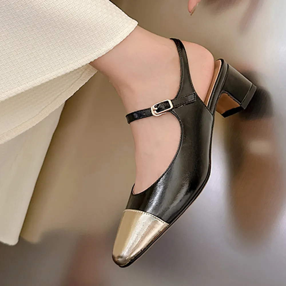 Gold & Black Leather Closed Toe Slingback Pumps With Chunky Heels