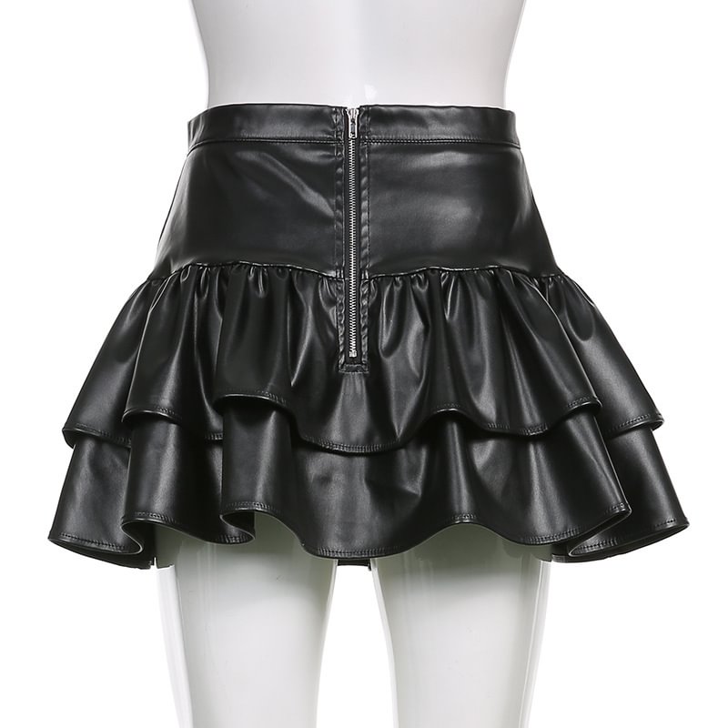 DOUBLE LAYER RUFFLED LACE UP LEATHER SKIRT