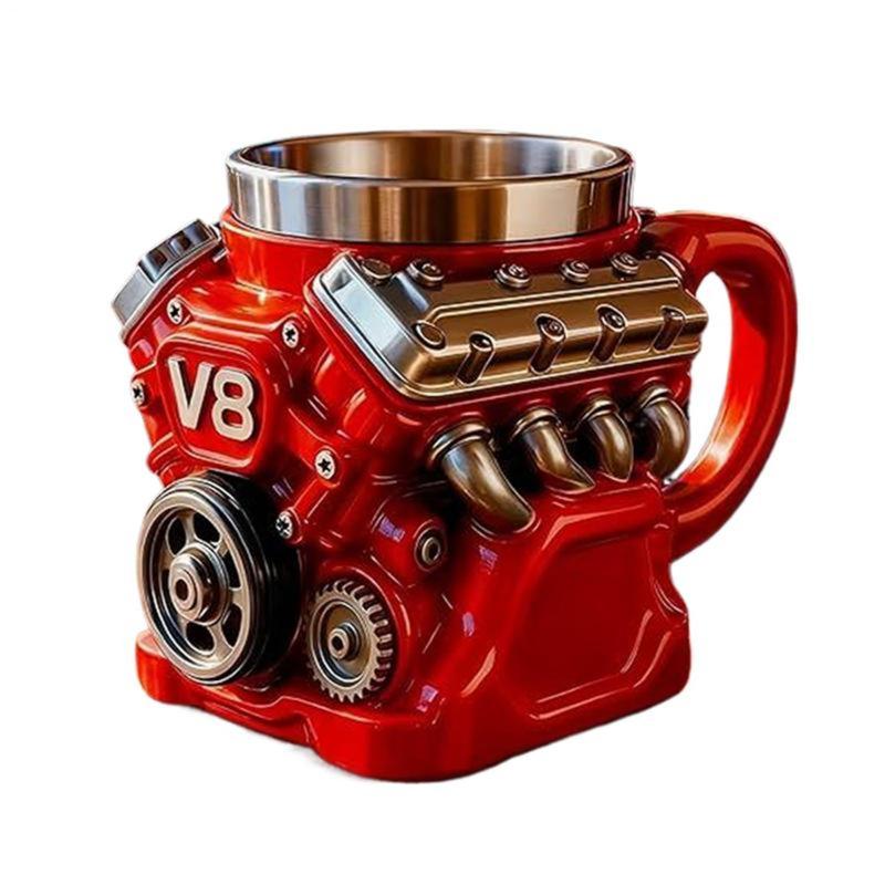 Engine-themed coffee mug, a retro-styled, realistic V8 engine stainless ...
