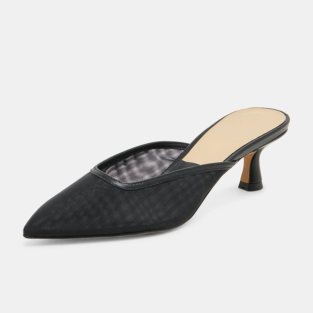 Black Mesh Pointed Toe Spool Heel Simple Mule Shoes for Women