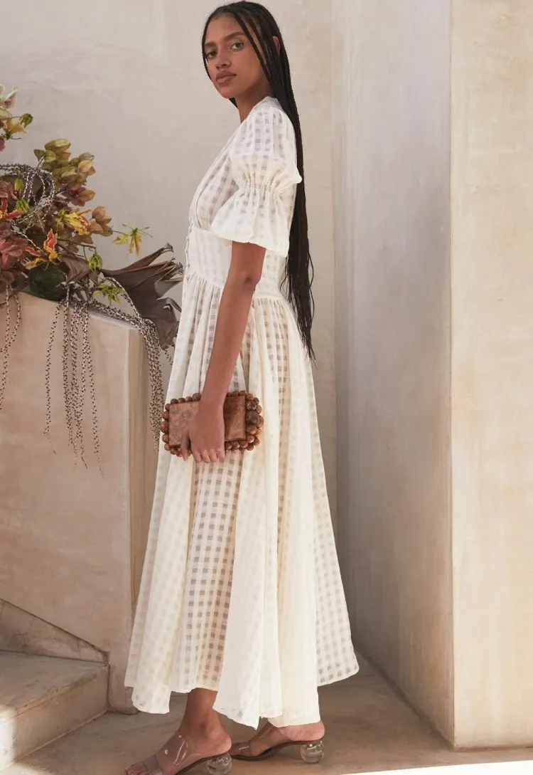 Spring White Deep V-neck Puff Half Sleeve Swing Long Dress
