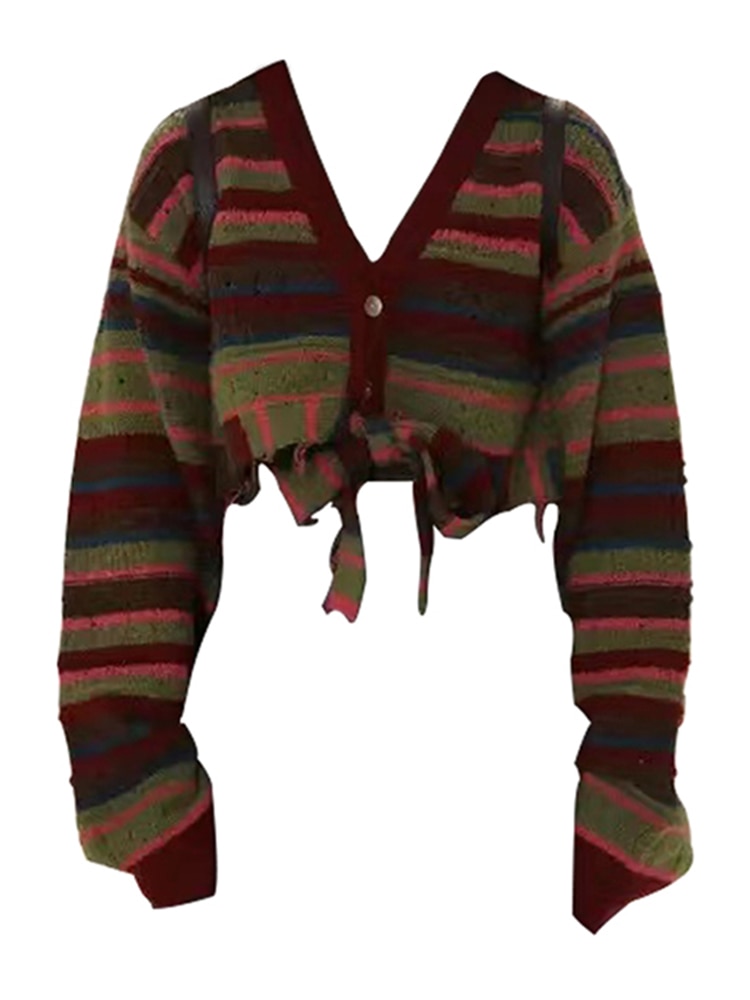 Mongw Winter Woman Vintage Striped Cardigan Long Sleeve Cropped ...
