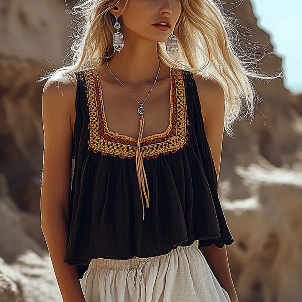 Bohemian Embroidered Halter Top with Flowy Design for Summer Outfits