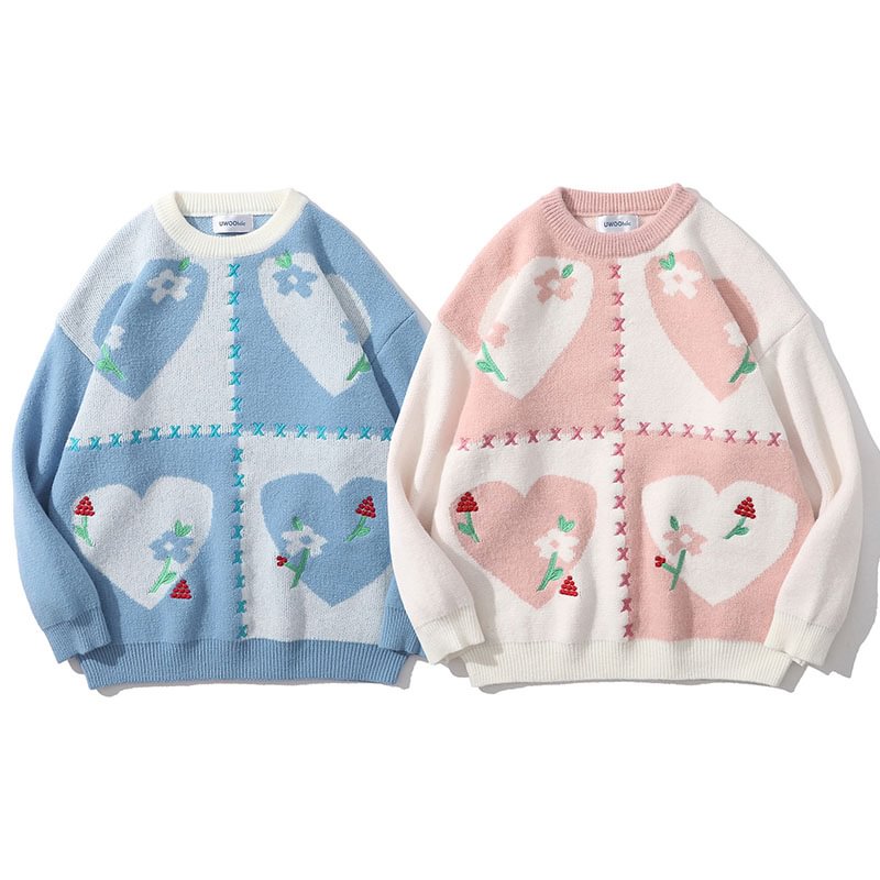 JAPANESE HEART EMBROIDERED COLORBLOCK CREWNECK SWEATER