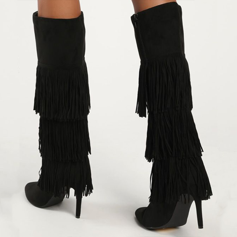Black Vegan Suede Fringe Knee High Boots with Stiletto Heels