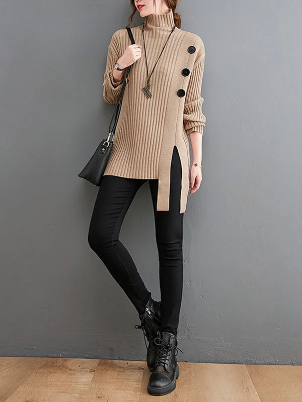 Urban Buttoned Split-Side Asymmetric Split-Joint High-Neck Sweater