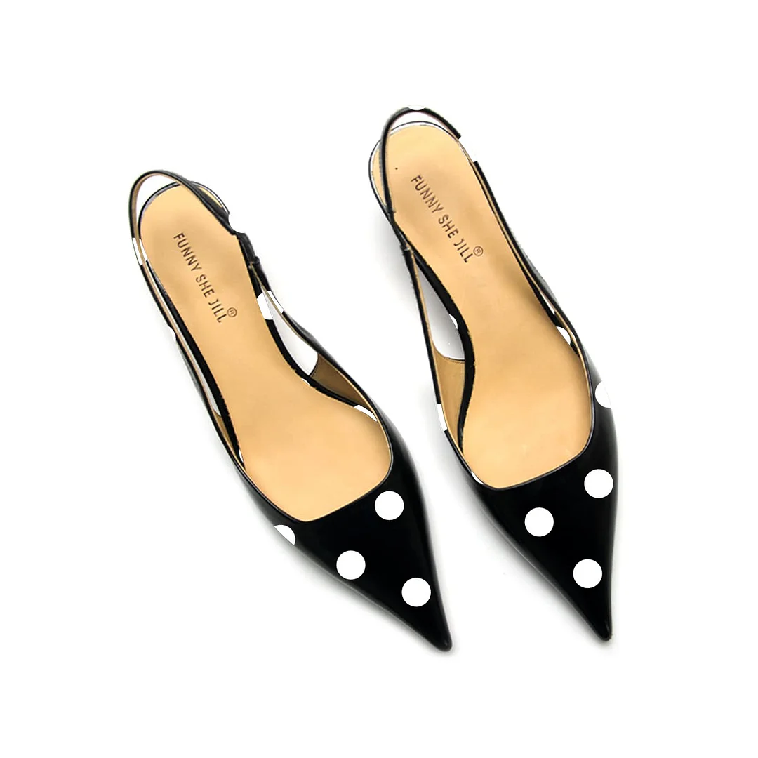 Black & White Polka Dot Pointed Toe Kitten Heels Slingback Pumps
