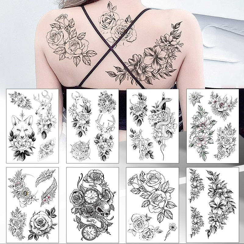 49 Designs Waterproof Temporary Black Sketchs Flowers Tattoo Stickers ...