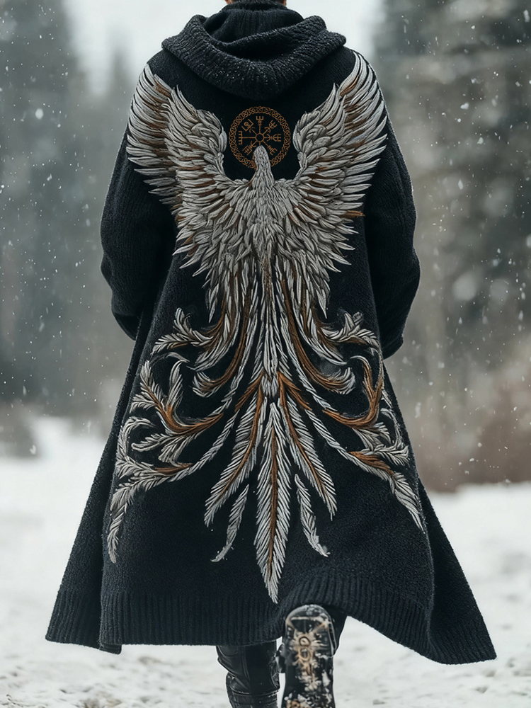 Dravoks Men's Viking Inspired Phoenix Embroidered Long Sweater Cardigan