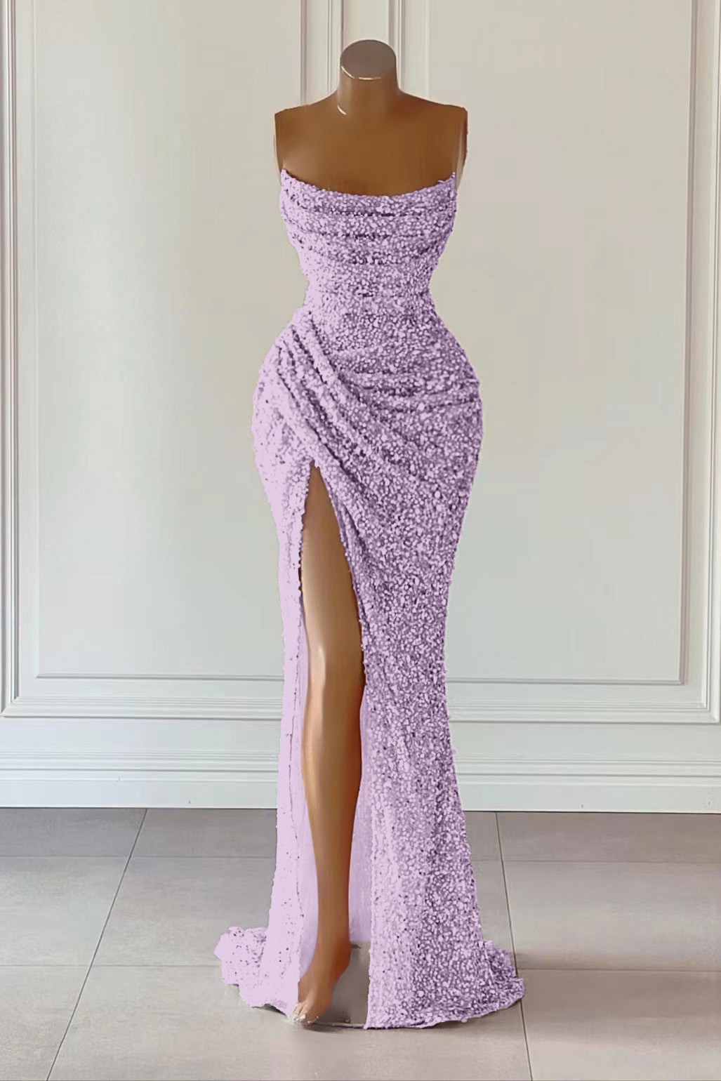 Daisda Dusty Pink Square Neck Sleeveless Mermaid Prom Dress Long Slit with Sequins