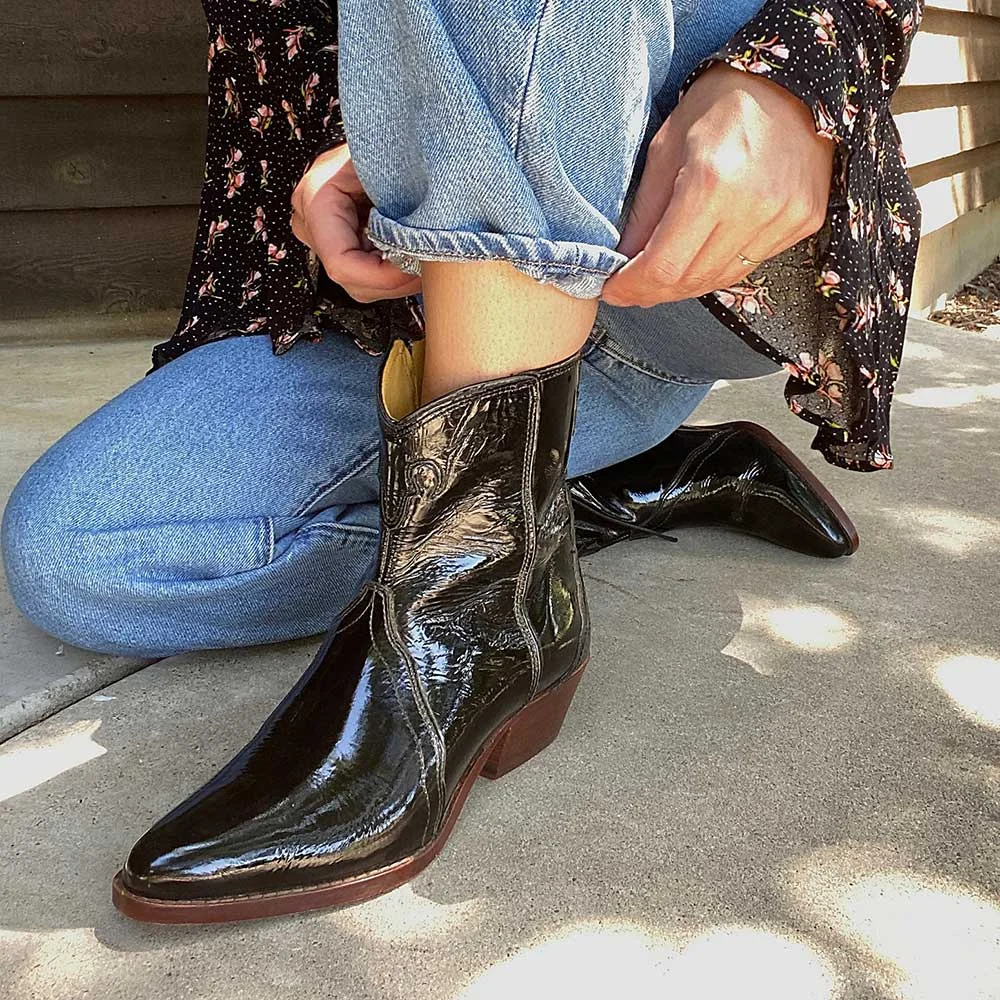 Black Patent Leather Booties Chunky Heel Western Boots for Women
